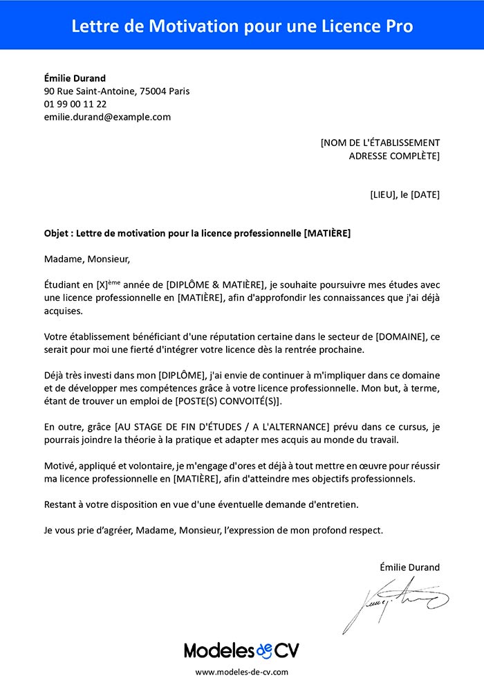 Lettre de Motivation pour Licence Pro (Exemple Gratuit)